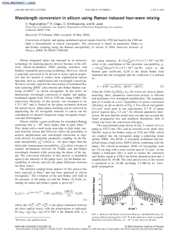 (PDF) Wavelength conversion in silicon using Raman induced four-wave mixing