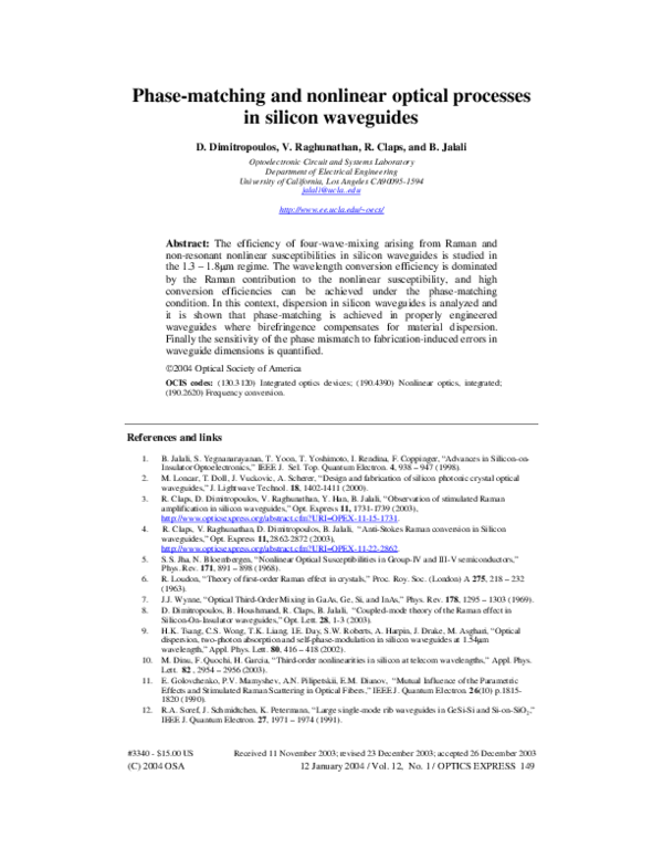(PDF) Phase-matching and Nonlinear Optical Processes in Silicon Waveguides