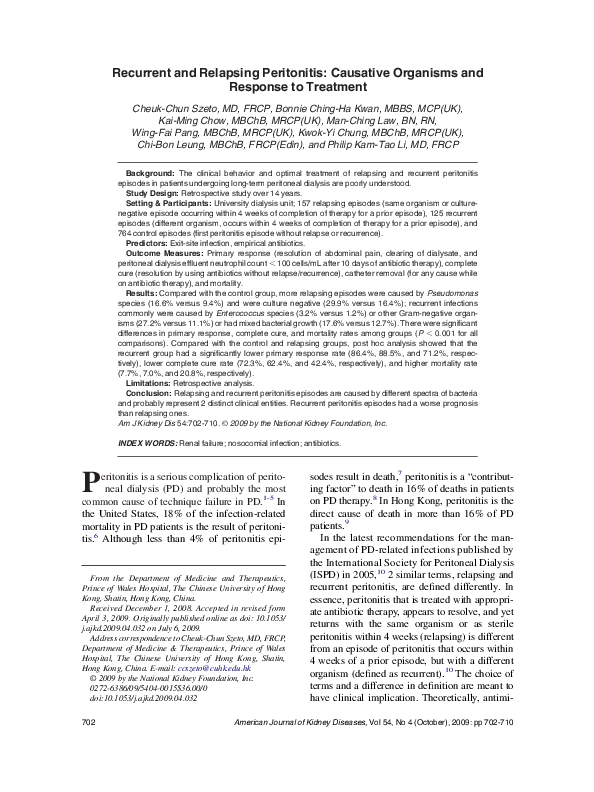 (PDF) Recurrent and Relapsing Peritonitis: Causative Organisms and ...