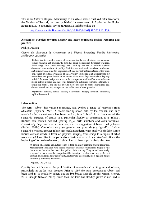 (PDF) Assessment rubrics: towards clearer and more replicable design ...