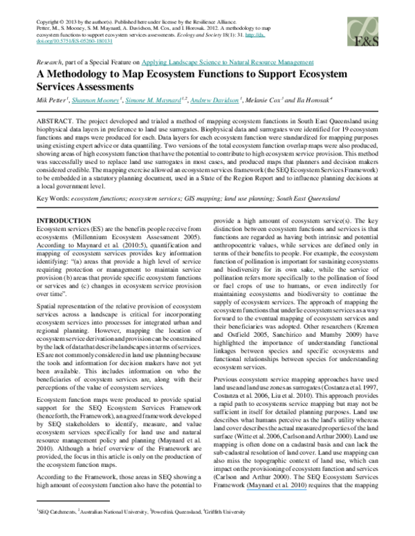 Pdf A Methodology To Map Ecosystem Functions To Support Ecosystem Services Assessments