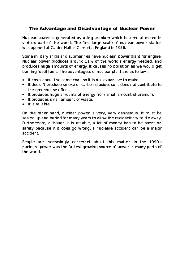 (DOC) The Advantage and Disadvantage of Nuclear Power