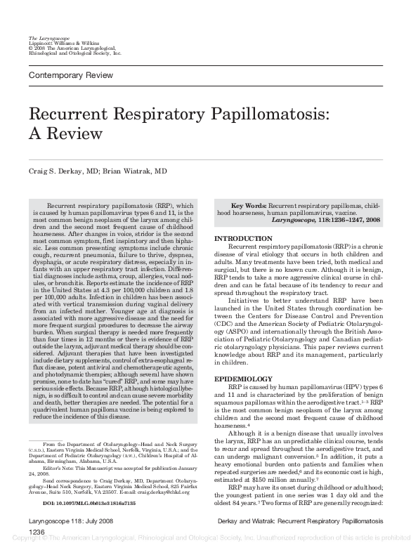 (PDF) Recurrent Respiratory Papillomatosis: A Review