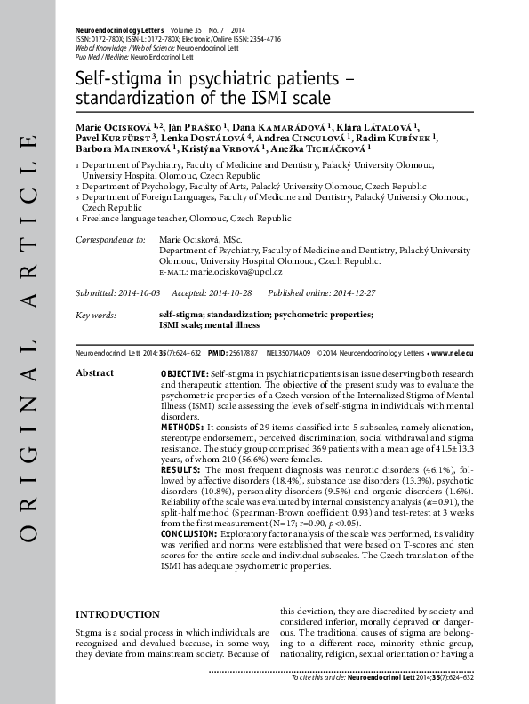 (PDF) Self-stigma in psychiatric patients--standardization of the ISMI ...