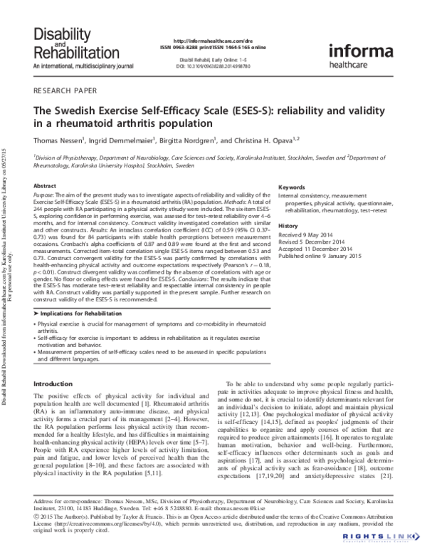 Pdf The Swedish Exercise Self Efficacy Scale Eses S Reliability