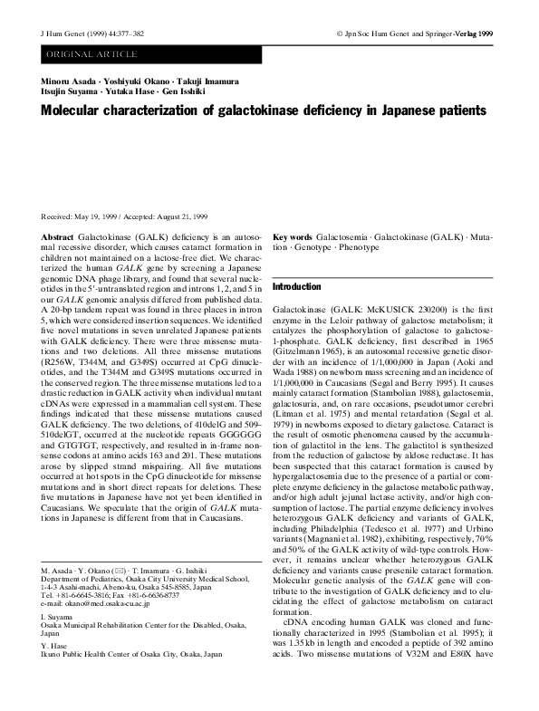 (PDF) Molecular characterization of galactokinase deficiency in ...