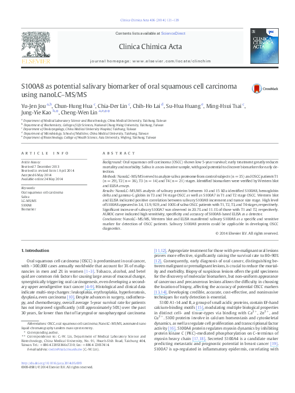 (PDF) S100A8 as potential salivary biomarker of oral squamous cell carcinoma using nanoLC-MS/MS