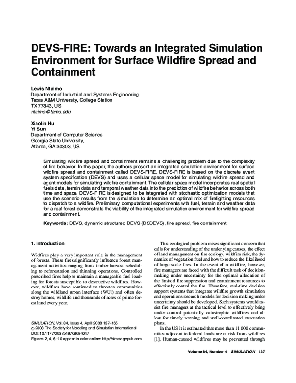(PDF) DEVS-FIRE: Towards an Integrated Simulation Environment for Surface Wildfire Spread and ...