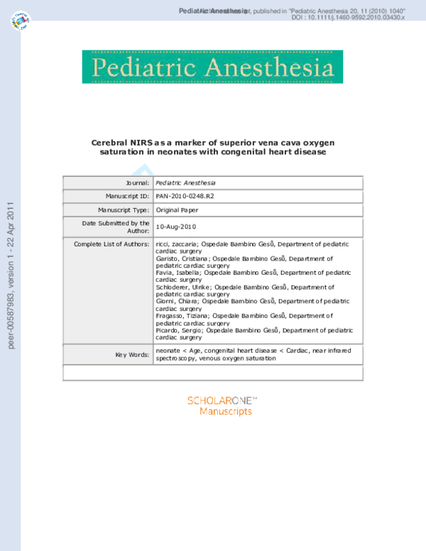 (PDF) Cerebral NIRS as a marker of superior vena cava oxygen saturation ...