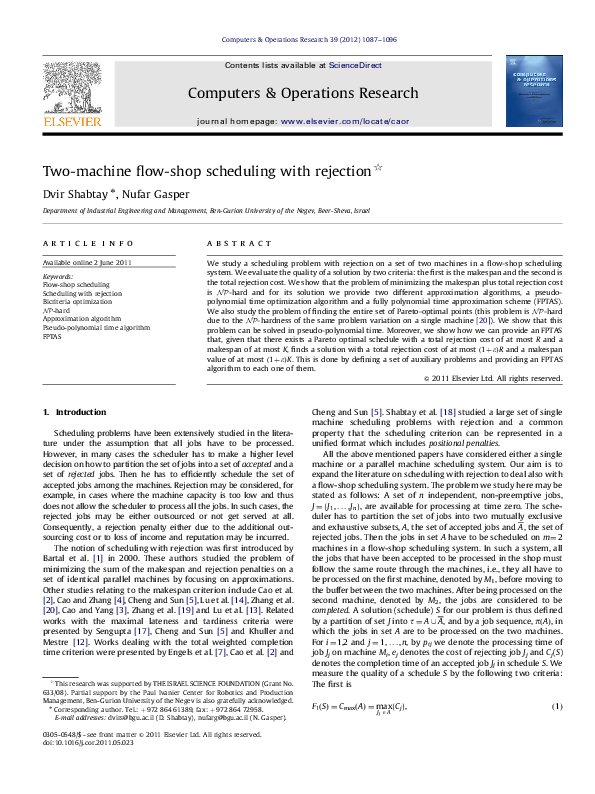 (PDF) Two-machine flow-shop scheduling with rejection | Dvir Shabtay - Academia.edu