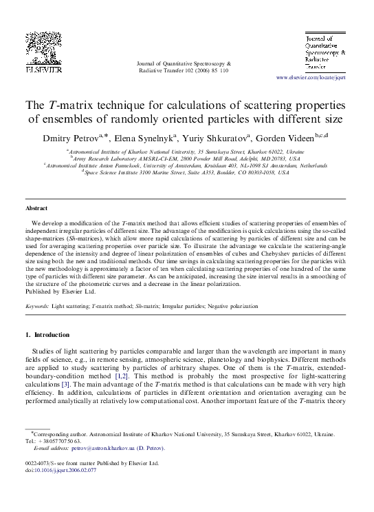 (PDF) The T-matrix technique for calculations of scattering properties of ensembles of randomly ...