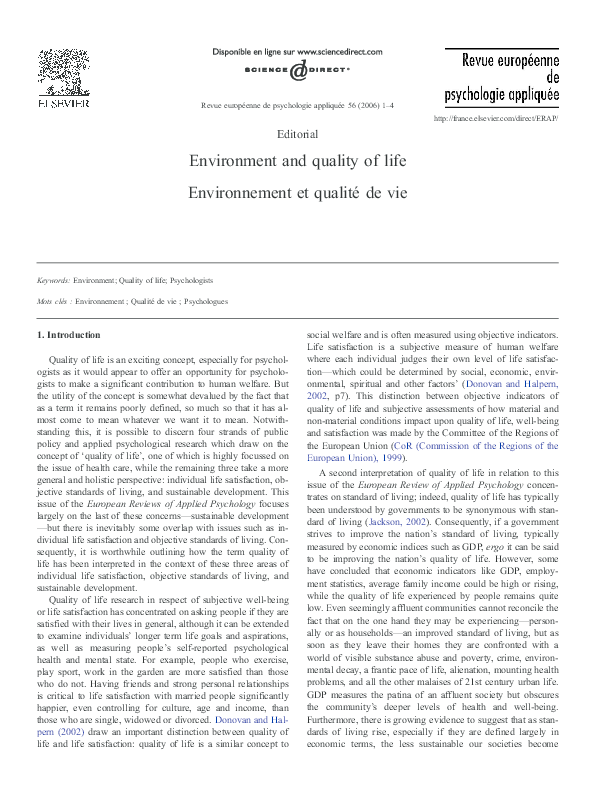 (PDF) Environment and quality of life