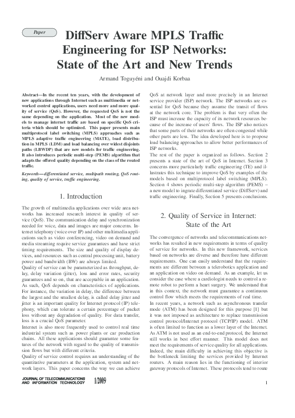 Pdf Diffserv Aware Mpls Traffic Engineering For Isp Networks State Of The Art And New Trends 