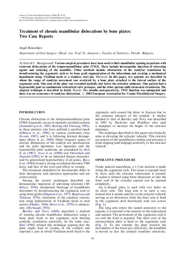 (PDF) Treatment of chronic mandibular dislocations by bone plates