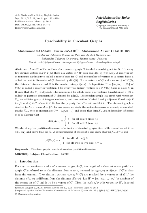 Pdf Resolvability In Circulant Graphs