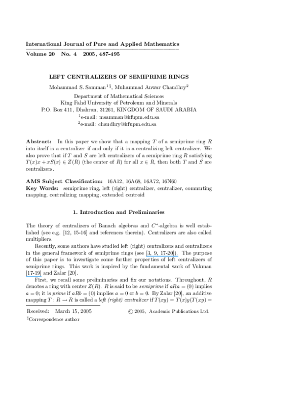 (PDF) LEFT CENTRALIZERS OF SEMIPRIME RINGS