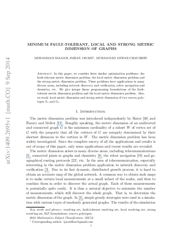 Pdf Minimum Fault Tolerant Local And Strong Metric Dimension Of Graphs