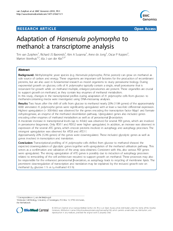 (PDF) Adaptation of Hansenula polymorpha to methanol: a transcriptome ...