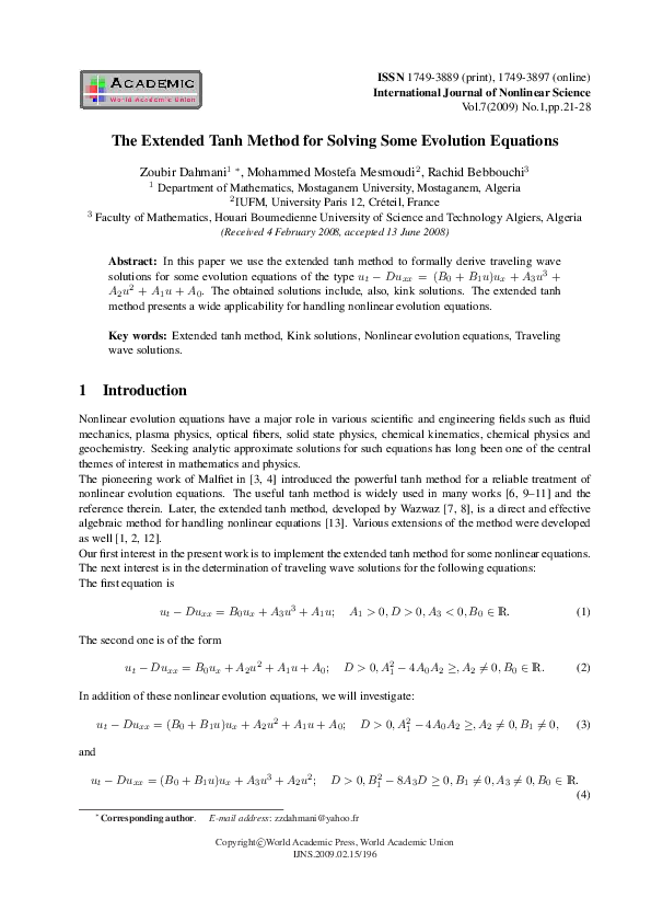 (PDF) The Extended Tanh Method for Solving Some Evolution Equations