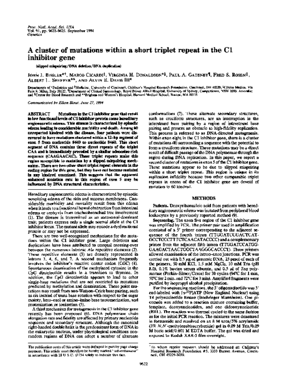 (PDF) A cluster of mutations within a short triplet repeat in the C1 ...