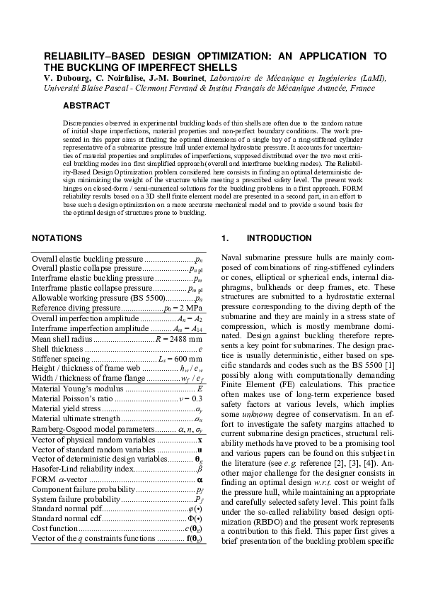 Pdf Reliability Based Design Optimization An Application To The Buckling Of Imperfect Shells