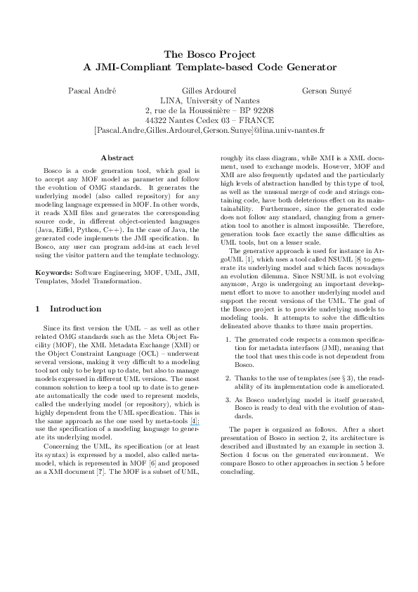 (PDF) The Bosco Project - A JMI-Compliant Template-based Code Generator