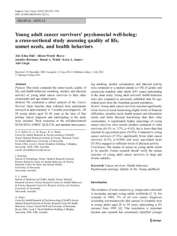 (PDF) Young adult cancer survivors' psychosocial well-being: a cross-sectional study assessing ...