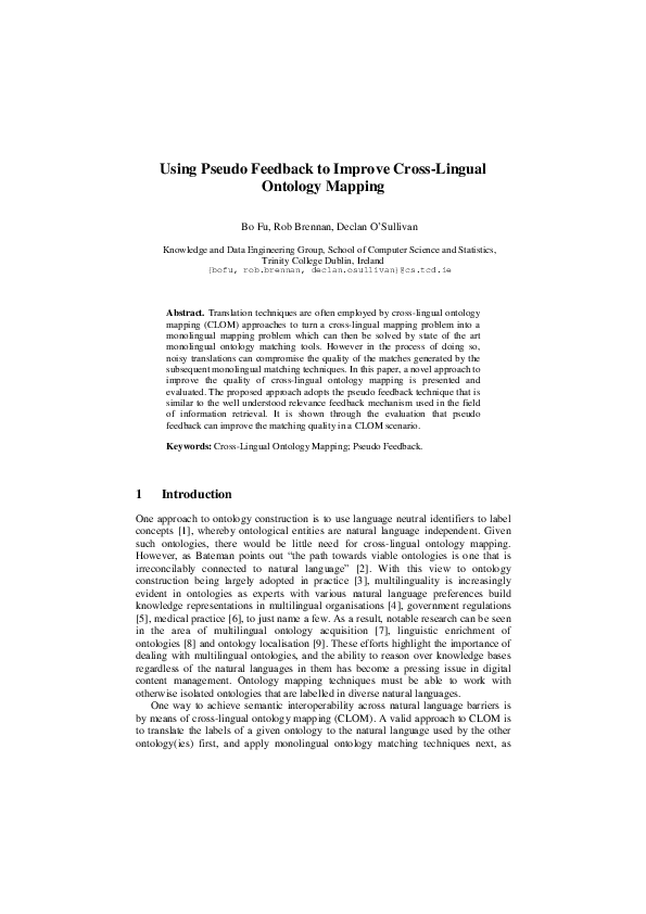 Pdf Using Pseudo Feedback To Improve Cross Lingual Ontology Mapping