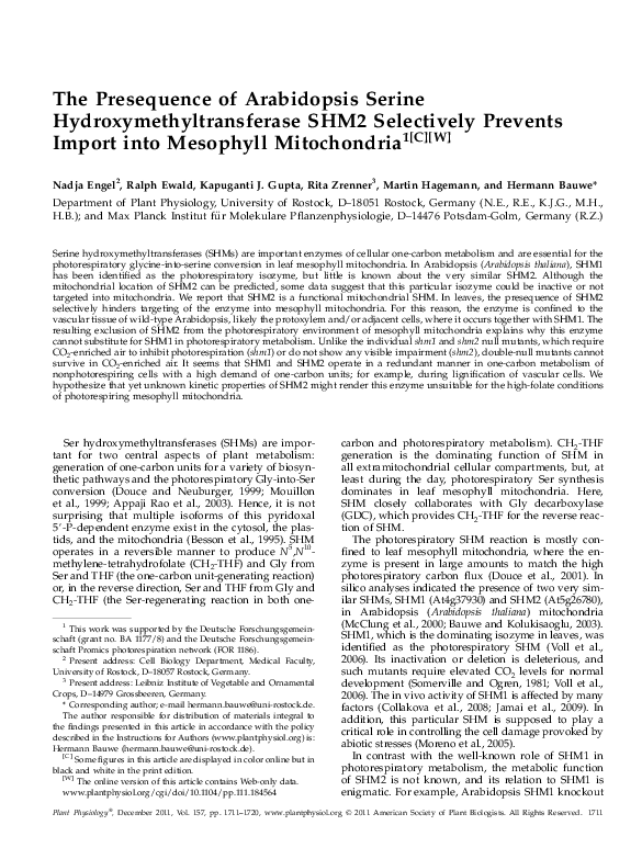 (PDF) The Presequence of Arabidopsis Serine Hydroxymethyltransferase ...