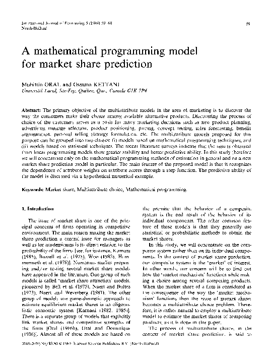 Pdf A Mathematical Programming Model For Market Share Prediction