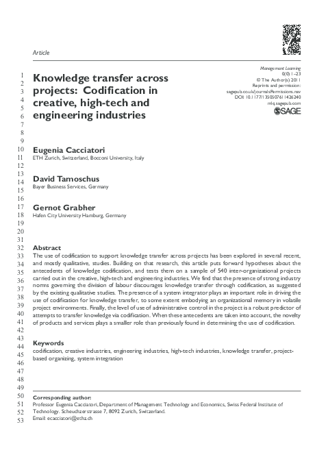 (PDF) Knowledge transfer across projects: Codification in creative ...