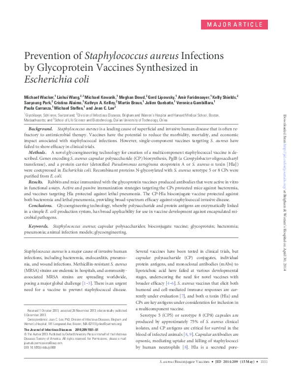 (PDF) Prevention of Staphylococcus aureus Infections by Glycoprotein ...