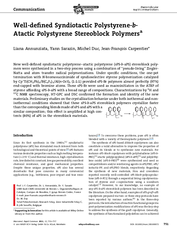 Pdf Well Defined Syndiotactic Polystyrene B Atactic Polystyrene