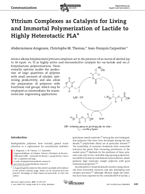 (PDF) Yttrium Complexes as Catalysts for Living and Immortal ...