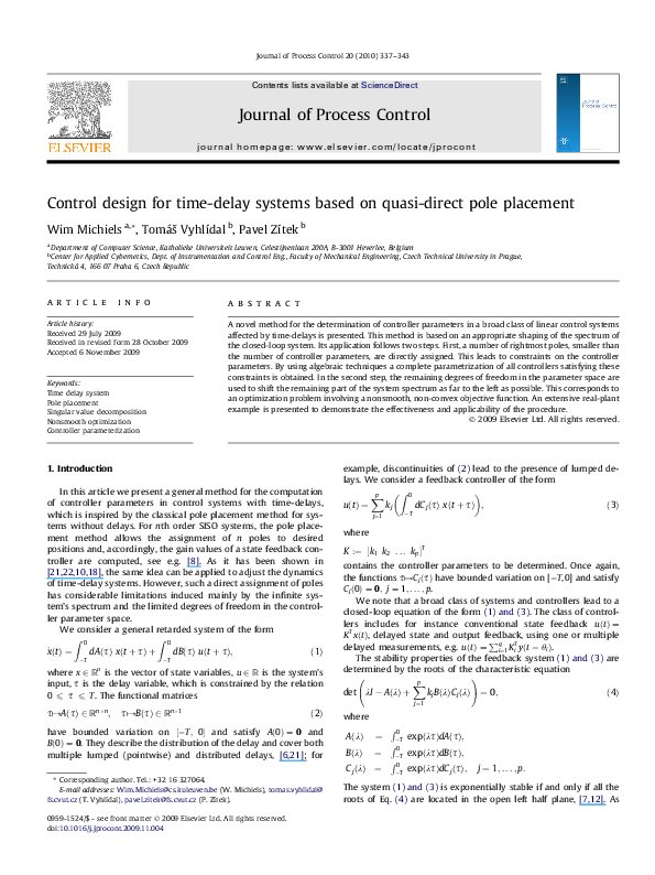(PDF) Control design for time-delay systems based on quasi-direct pole placement