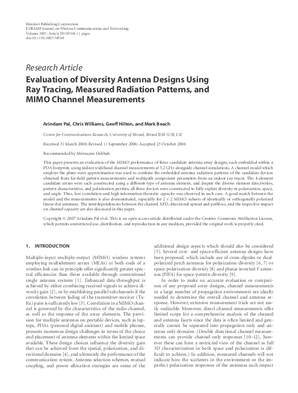 Evaluation Of Diversity Antenna Designs Using Ray Tracing Measured Radiation Patterns And Mimo