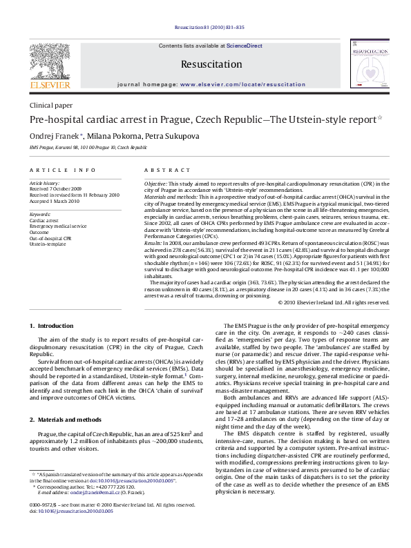 (PDF) Pre-hospital cardiac arrest in Prague, Czech Republic—The Utstein ...