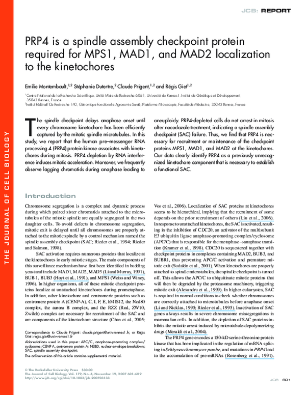 (PDF) PRP4 is a spindle assembly checkpoint protein required for MPS1 ...