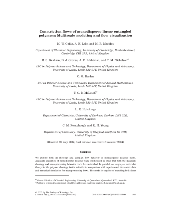 Pdf Constriction Flows Of Monodisperse Linear Entangled Polymers Multiscale Modeling And Flow