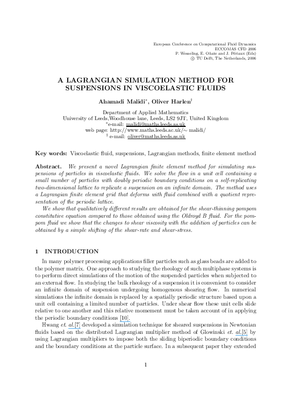 Pdf A Lagrangian Simulation Method For Suspensions In Viscoelastic Fluids