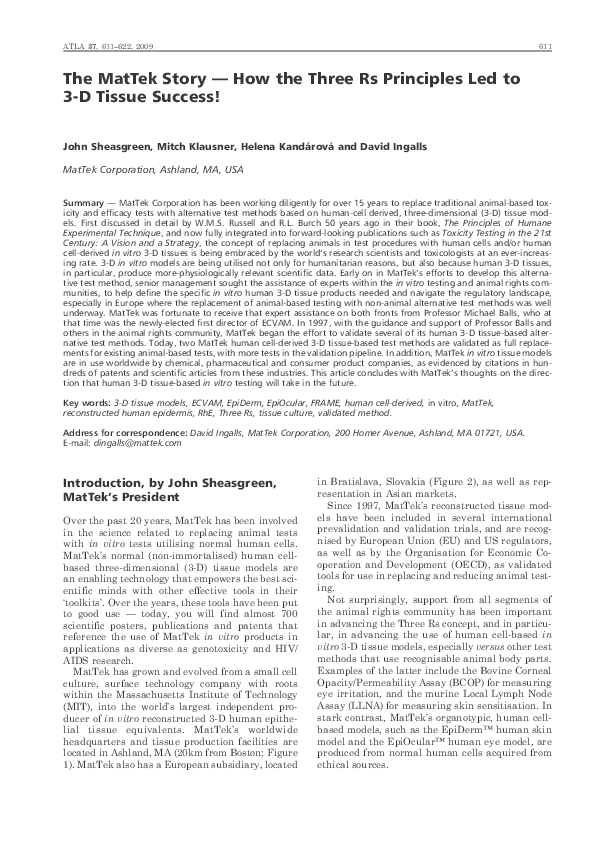 (PDF) The MatTek story - how the three Rs principles led to 3-D tissue ...
