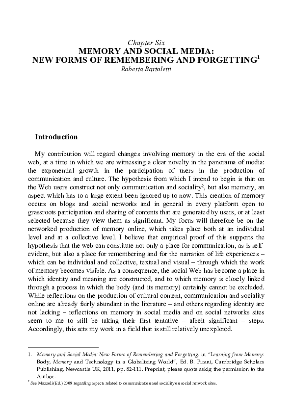 Pdf Memory And Social Media New Forms Of Remembering And Forgetting In Learning From Memory