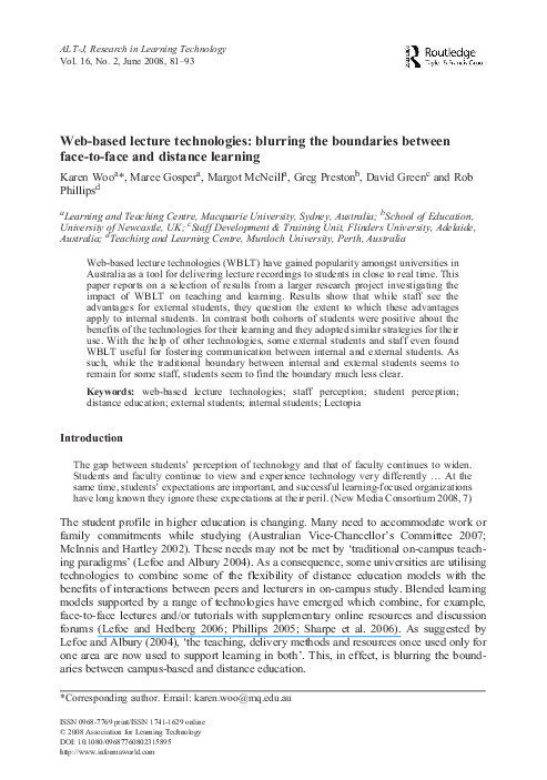 (PDF) Web-based lecture technologies: blurring the boundaries between face-to-face and distance ...