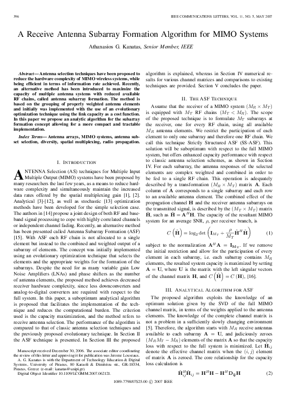 (PDF) A Receive Antenna Subarray Formation Algorithm for MIMO Systems