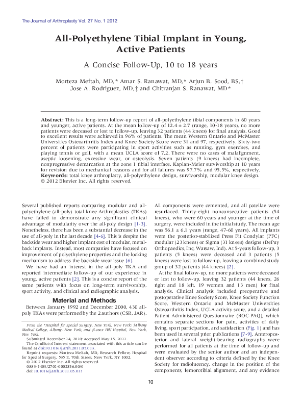 (PDF) All-Polyethylene Tibial Implant in Young, Active Patients