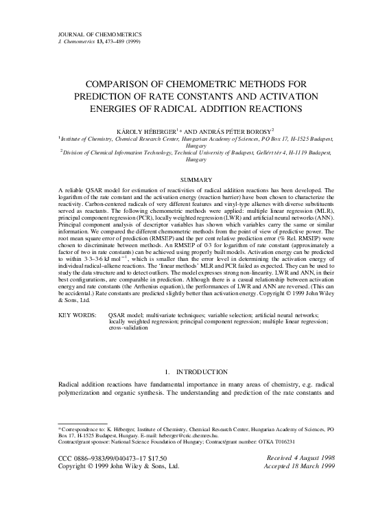 (PDF) Comparison of chemometric methods for prediction of rate ...