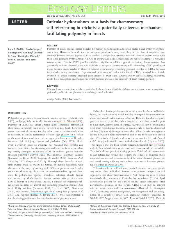 (PDF) Cuticular hydrocarbons as a basis for chemosensory self ...