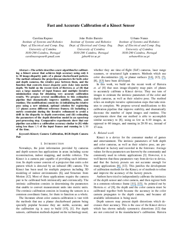 Pdf Fast And Accurate Calibration Of A Kinect Sensor Urbano Nunes