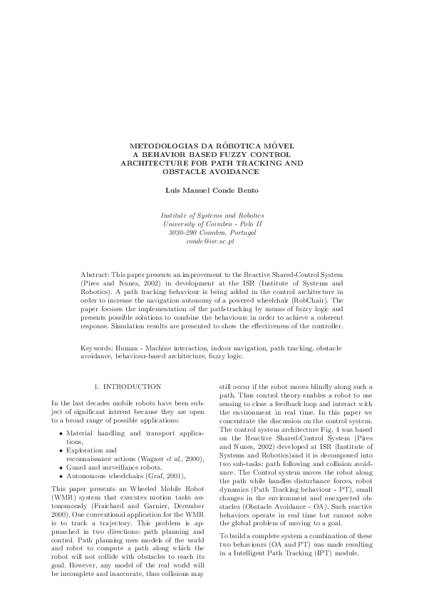 Pdf A Behavior Based Fuzzy Control Architecture For Path Tracking And Obstacle Avoidance