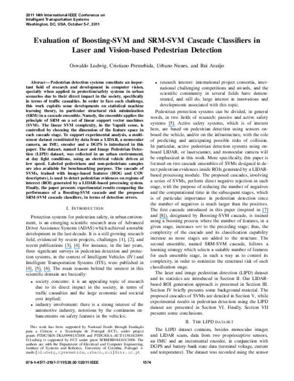 (PDF) Evaluation of Boosting-SVM and SRM-SVM cascade classifiers in laser and vision-based ...